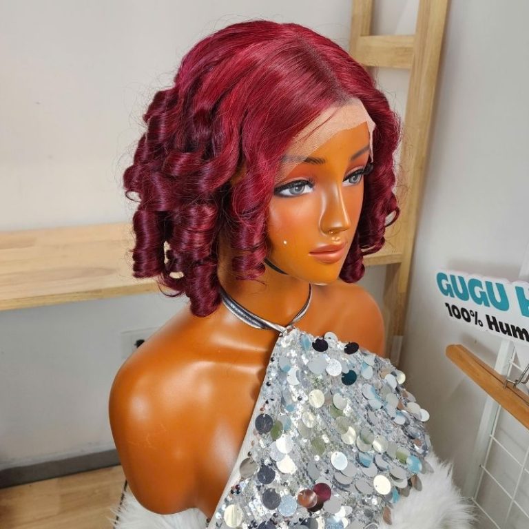10 Inches Bouncy Curly Wig Burgundy Red Color Raw Vietnamese Hair