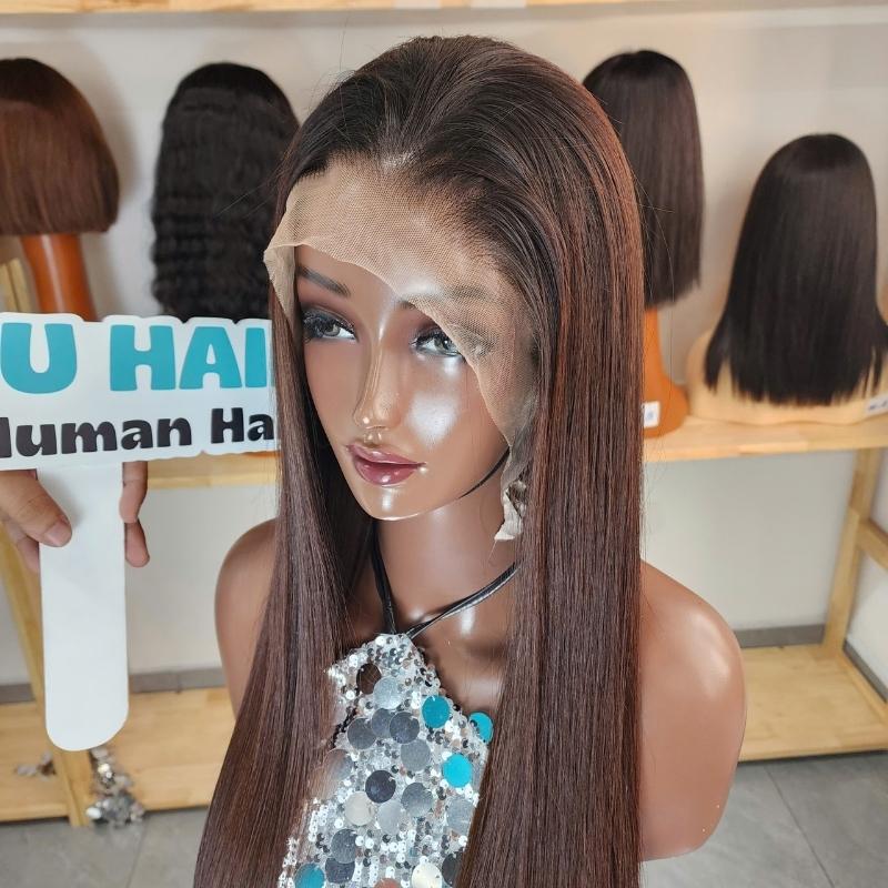 Human Hair Lace Front Wig Bone Straight Ombre Brown Color