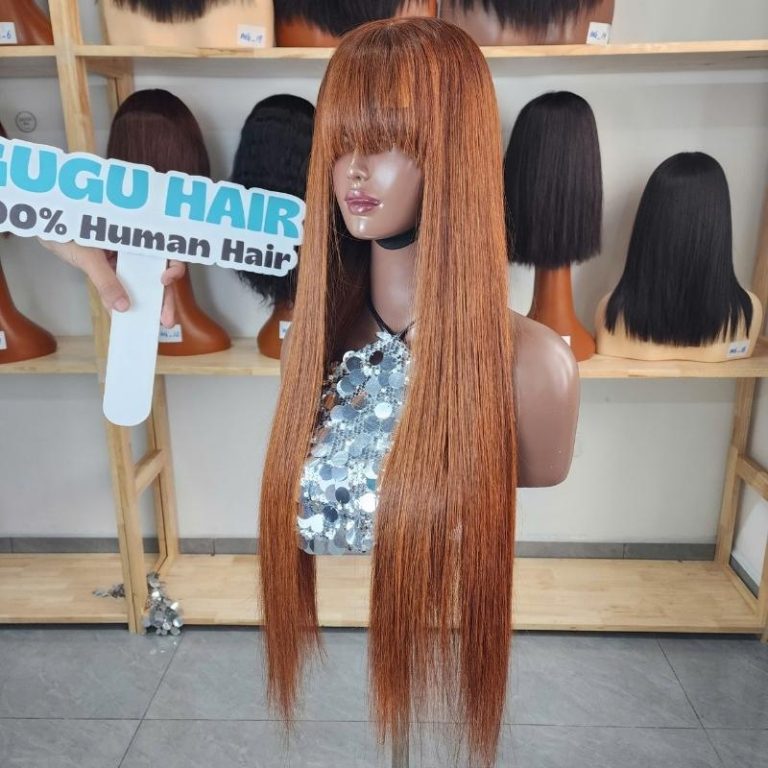 Long Bone Straight Honey Human Hair Wig with Bangs